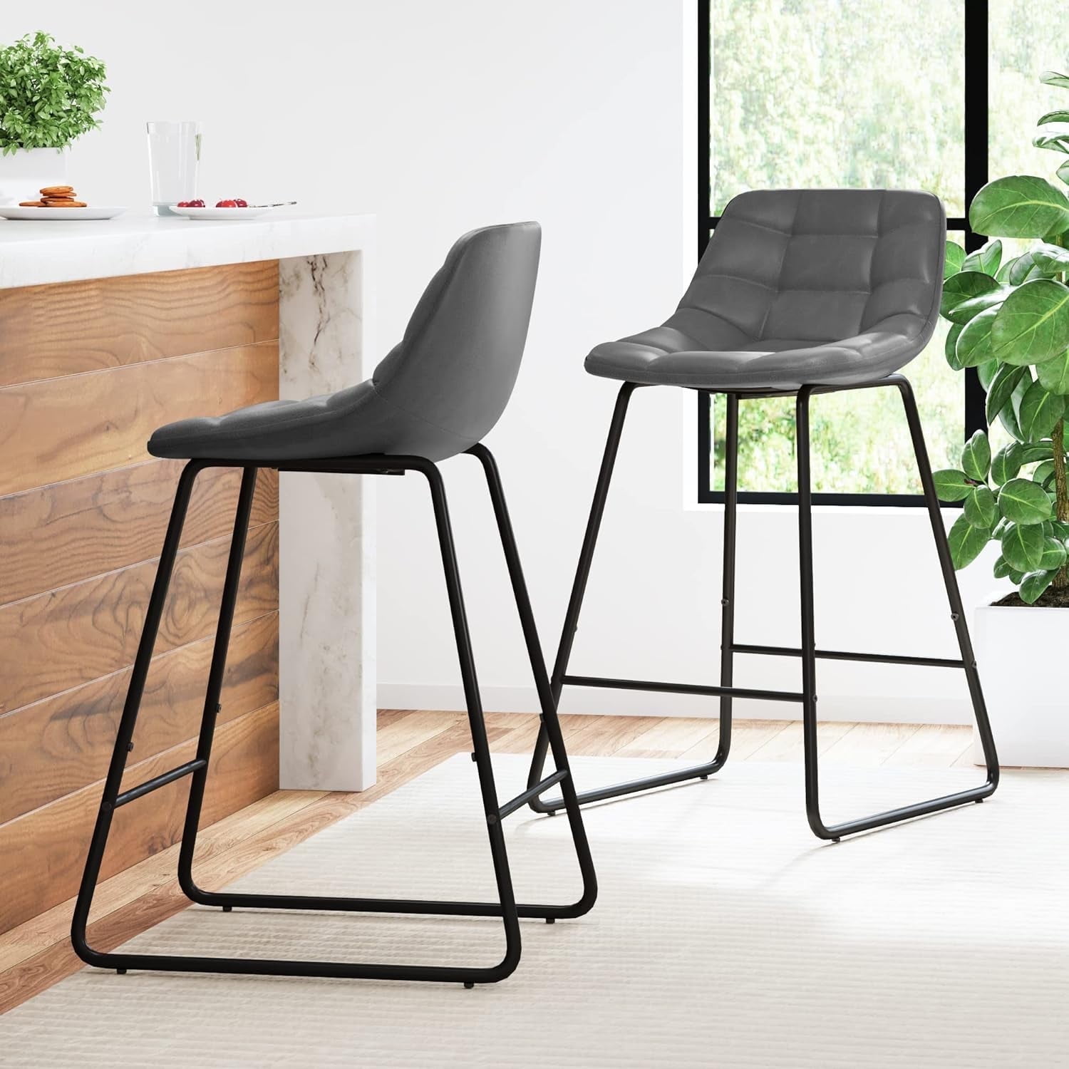 LUE BONA Checkered Pattern Counter Height Bar Stools, Dark Gray (Set of ...