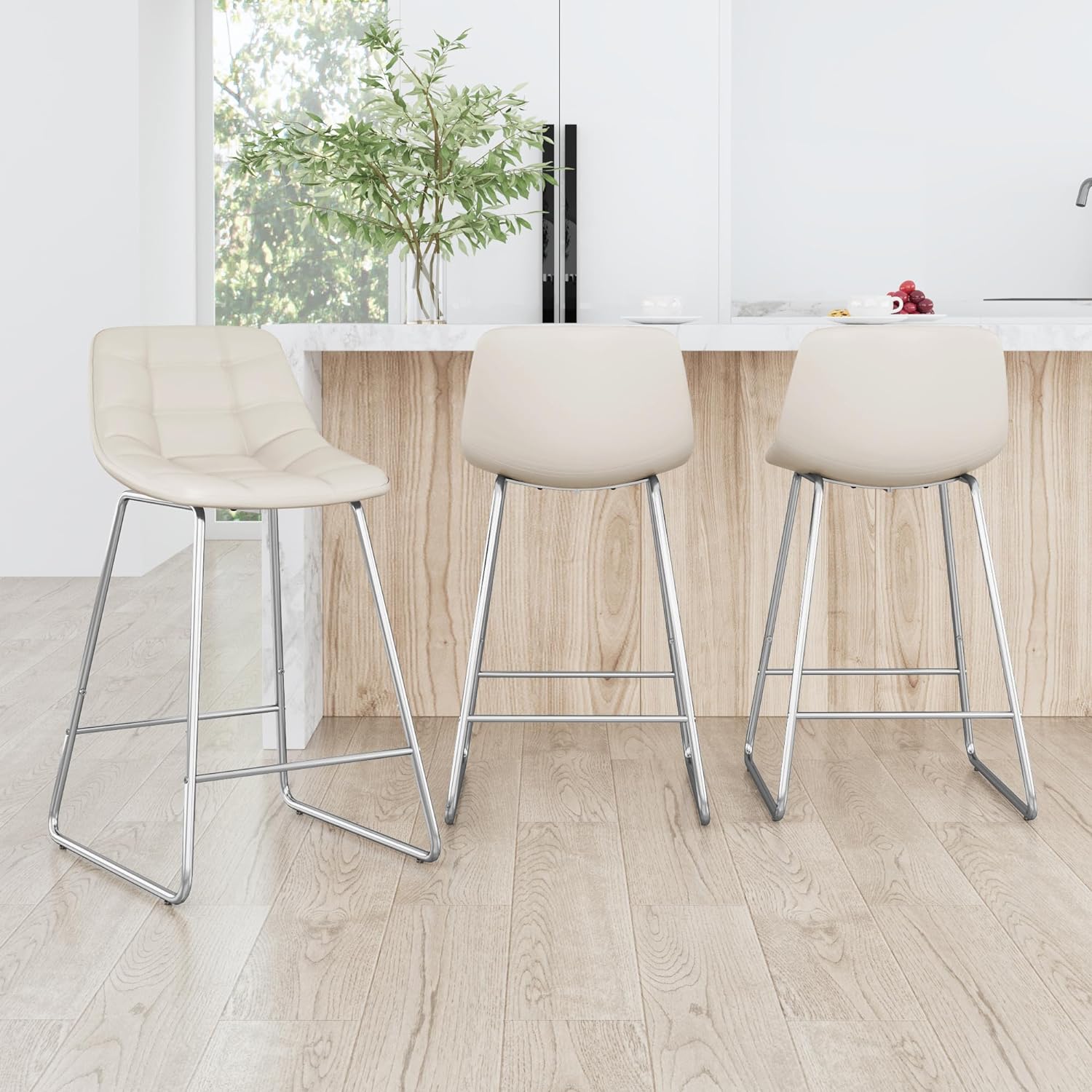 LUE BONA Upholstered Checkered Pattern Bar Stools Set of 3, Faux ...