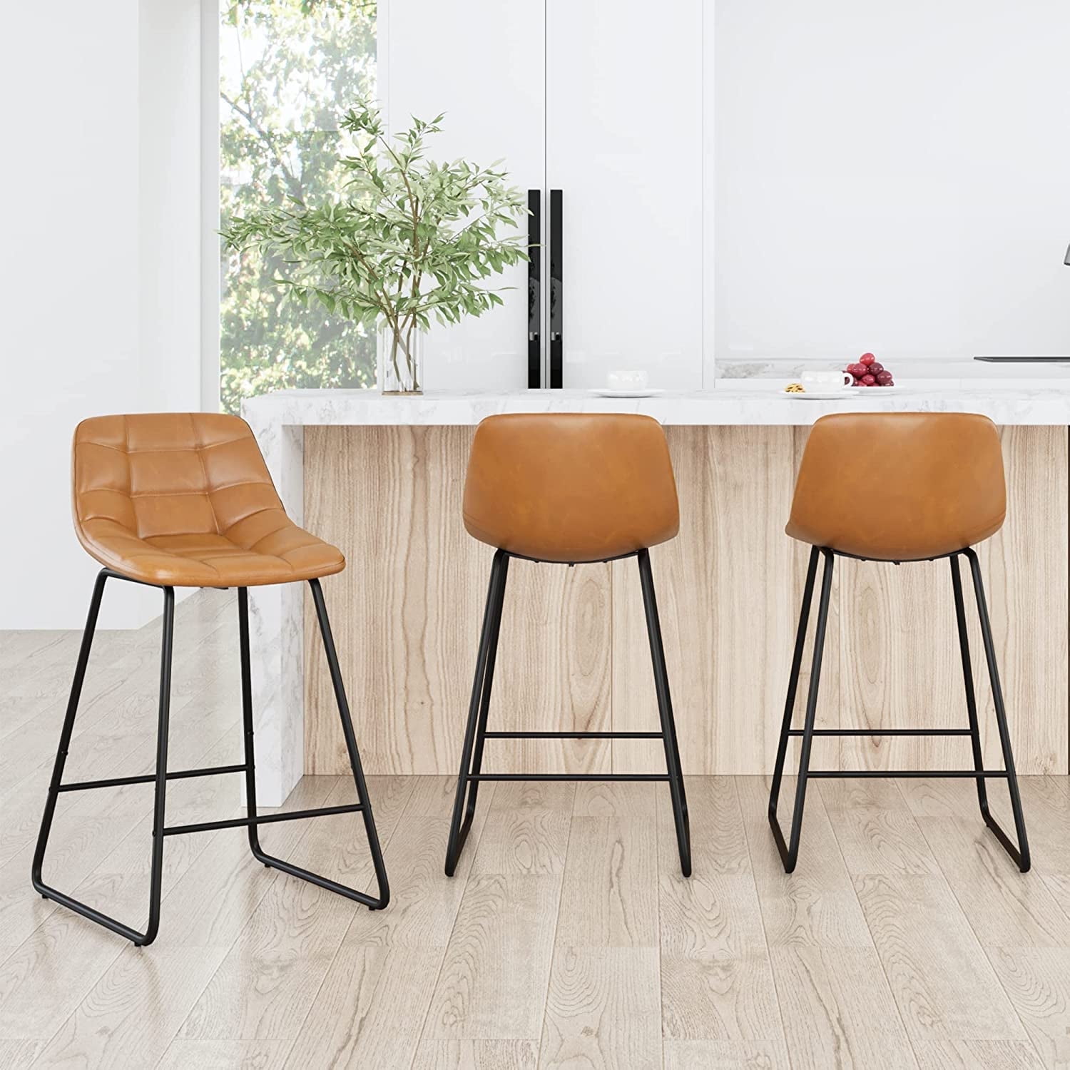 LUE BONA Checkered Pattern Counter Height Bar Stools, Whiskey Brown ...