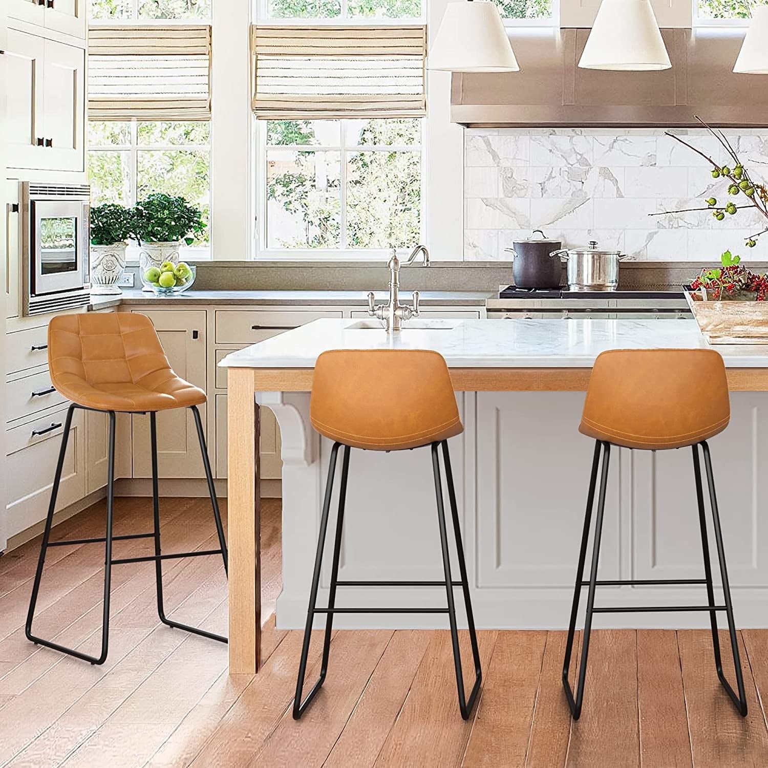 LUE BONA Upholstered Checkered Pattern Bar Stools Set of 3, Faux ...