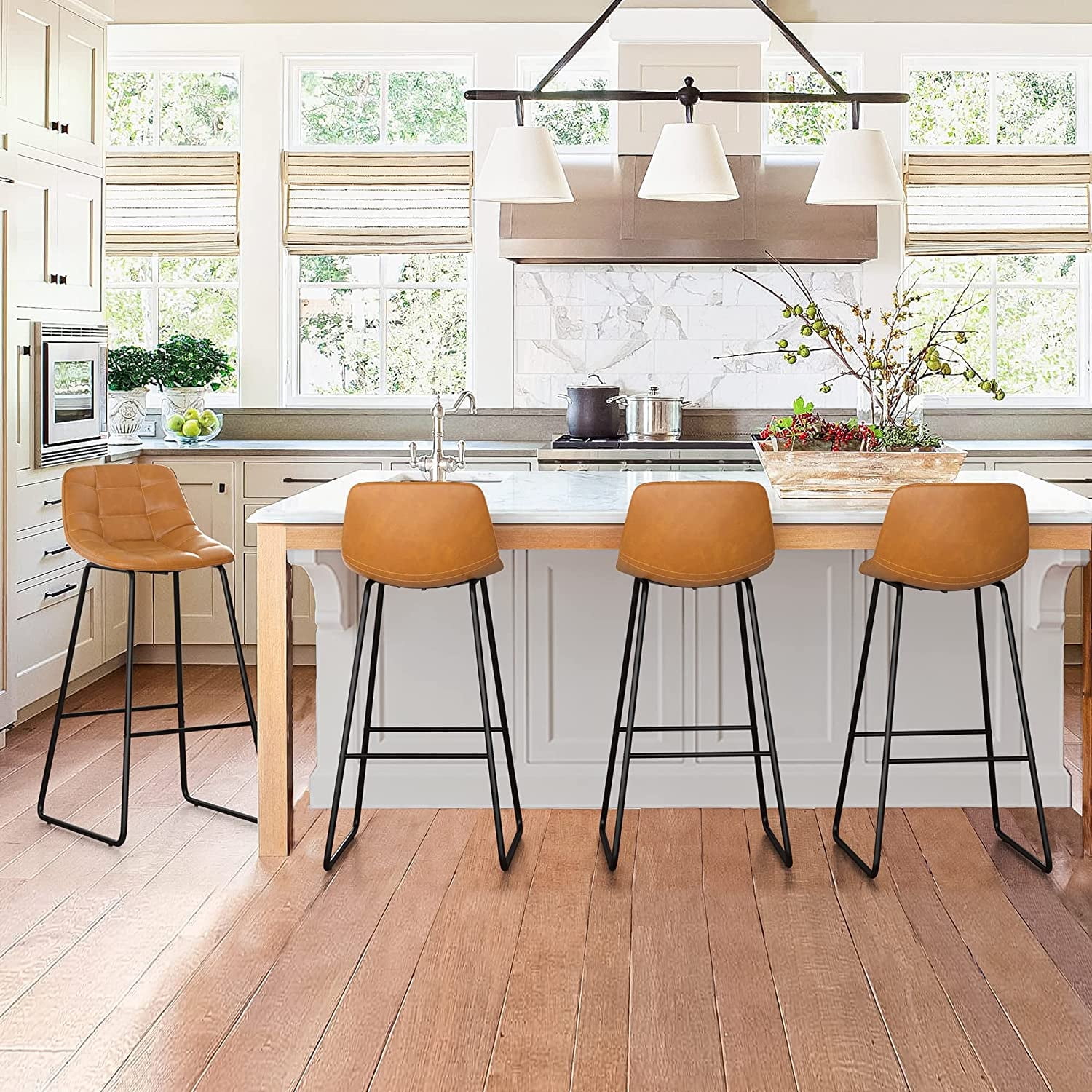 LUE BONA Upholstered Checkered Pattern Bar Stools Set of 4, Faux ...