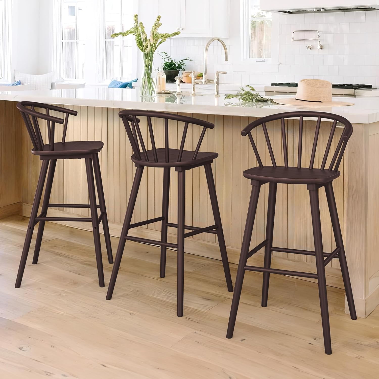 LUE BONA Wood Bar Stools with Semicircular Backrest, Espresso Farmhouse ...