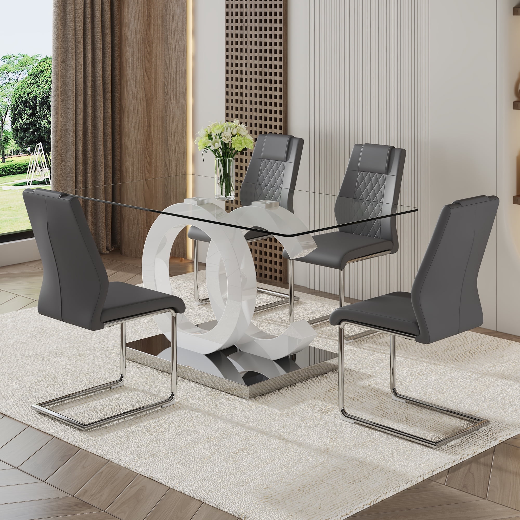 LUFTUT 5-Piece Glass Kitchen Table Set for 4, Rectangular Glass Table ...