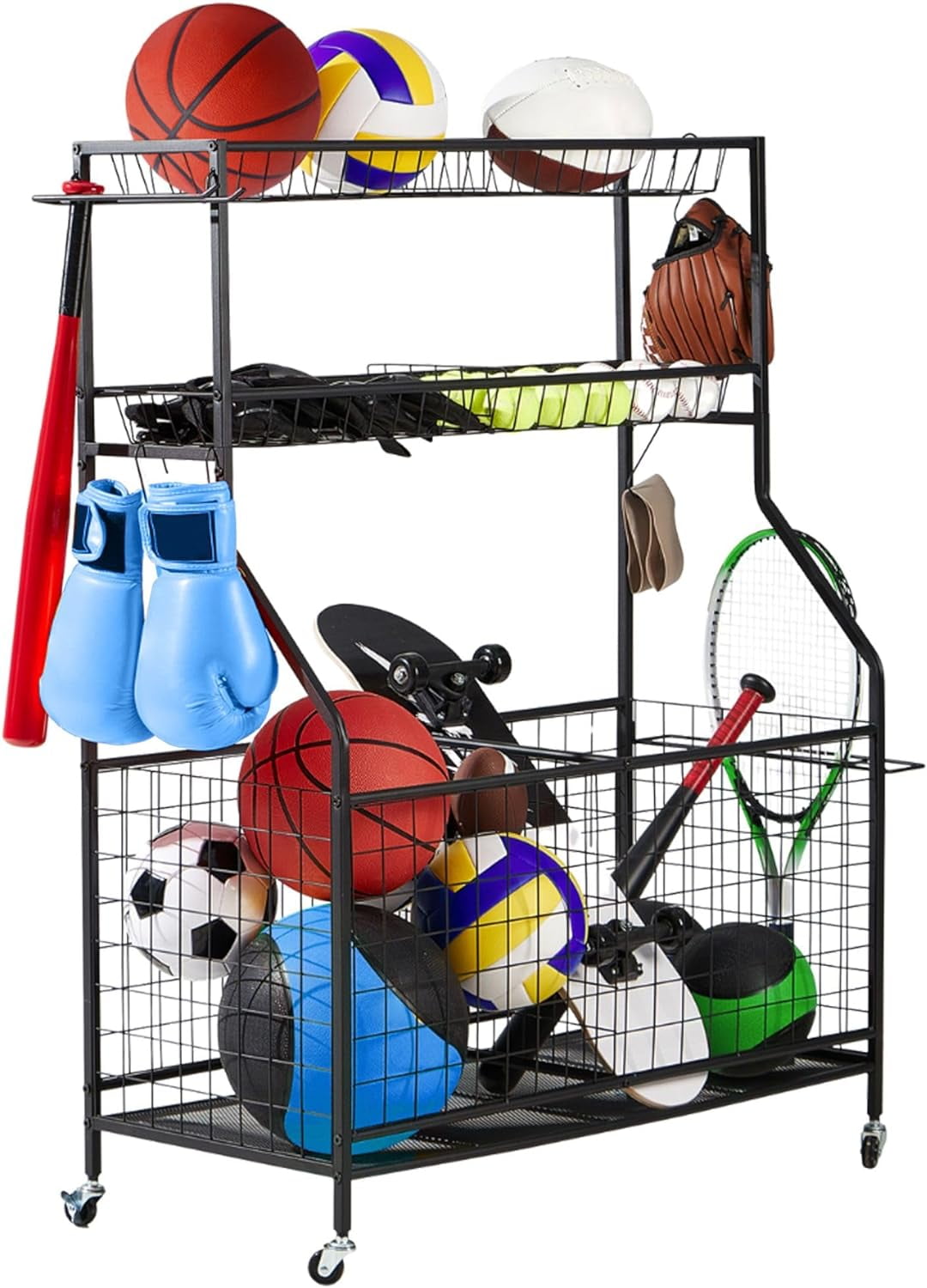 LUGO Heavy-Duty Rolling Sports Equipment Organizer – Ball Storage Rack ...
