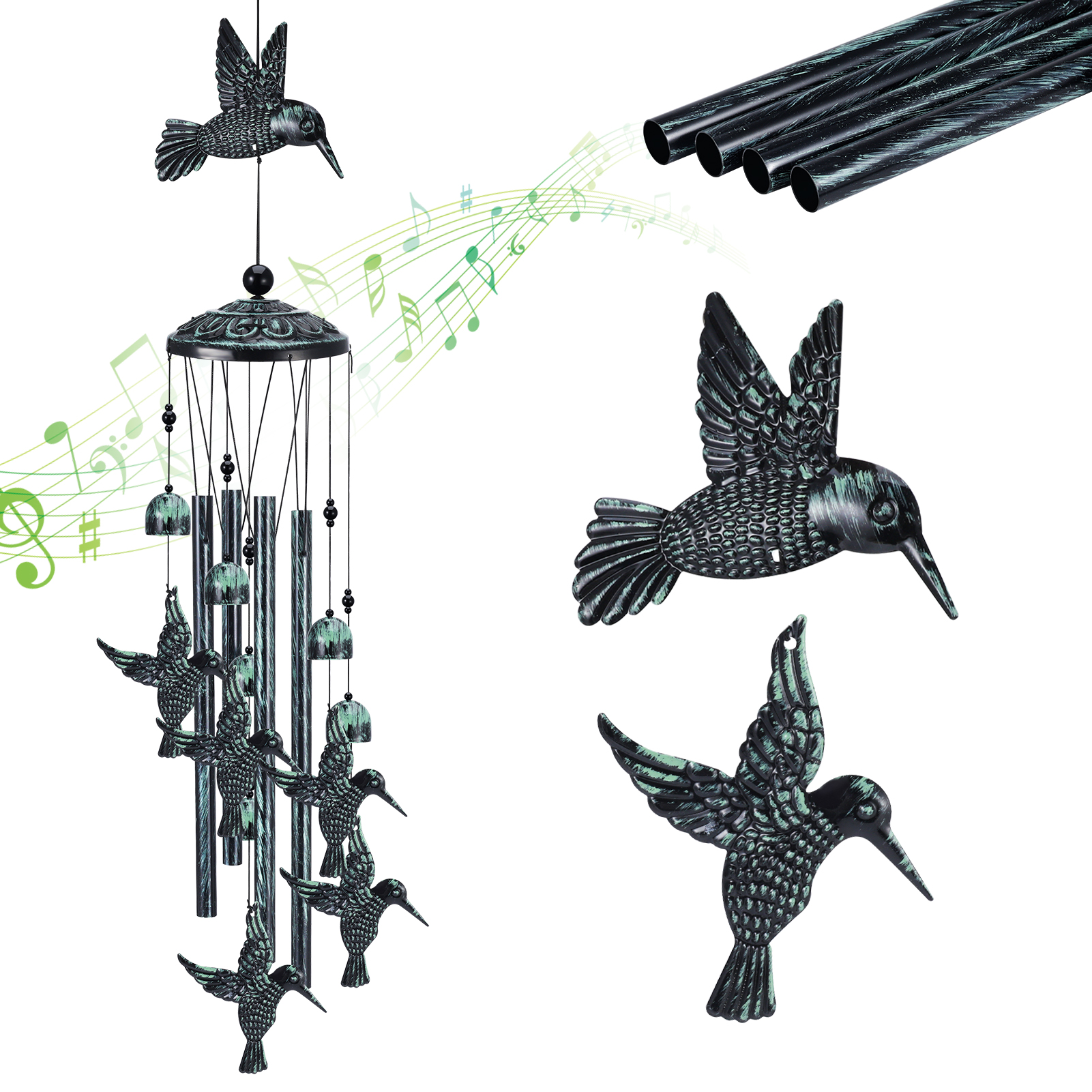 Mainstays Outdoor 33" H Hummingbird and Flower Metal Wind Chime ...