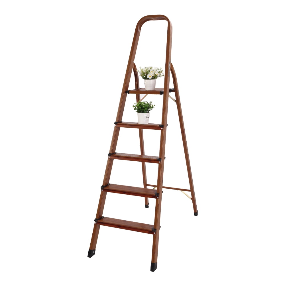 LUISLADDERS 5 Step Ladder Woodgrain Aluminum Folding Step Stool Sturdy ...