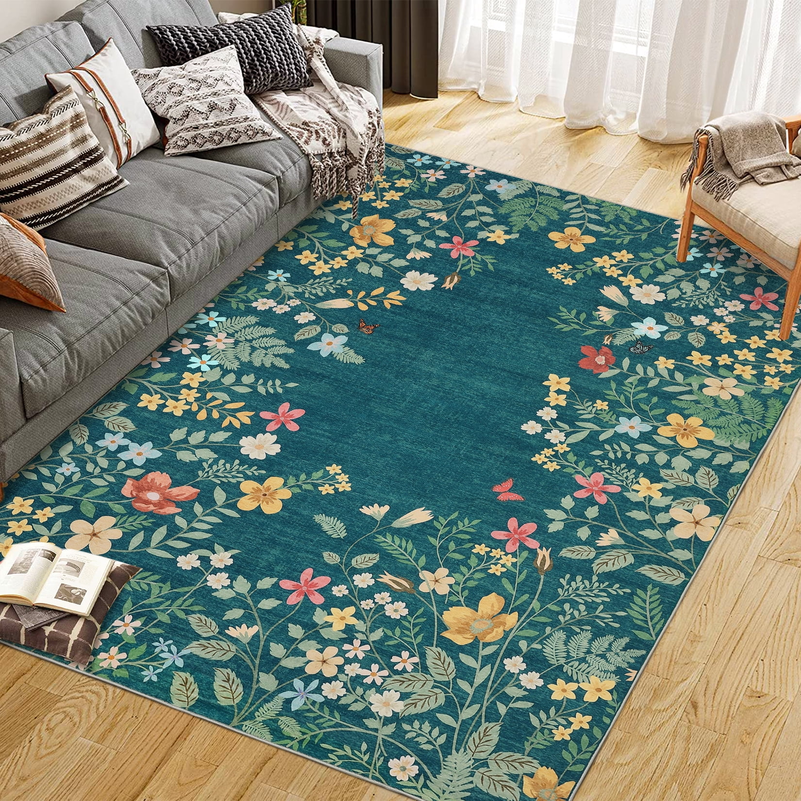 LUKU 10'x13' Vintage Botanical Floral Runner Rug, Washable 0.2-Inch Low ...