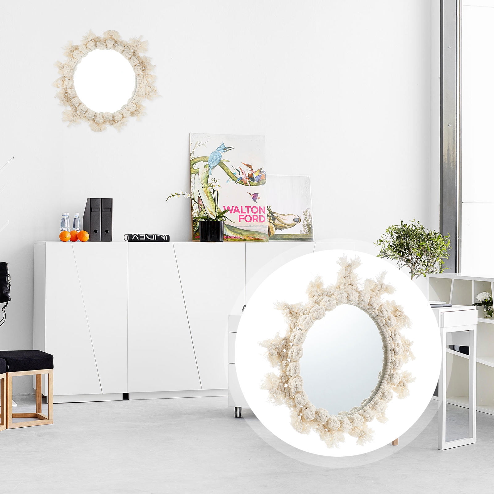 LULULION Retro Country Style Woven Round Mirror Beige Wall Hanging 1Pcs ...