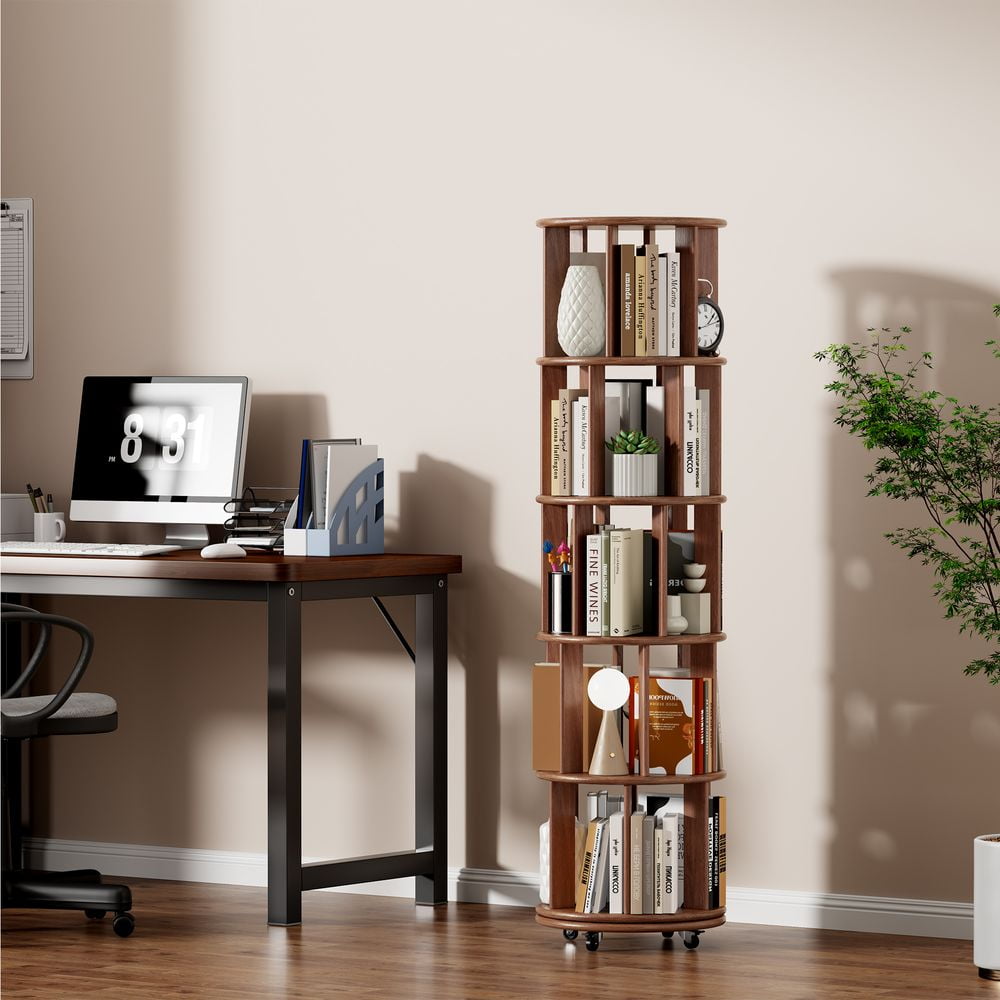 LUMAMIN 5-Tier Rotating Bookshelf, Solid Wood Round 360° Spinning ...