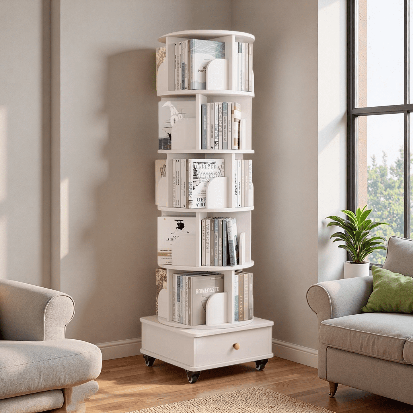 LUMAMIN 6 Tier Rotating Bookshelf with Wheels,, 360 ° Display Corner ...