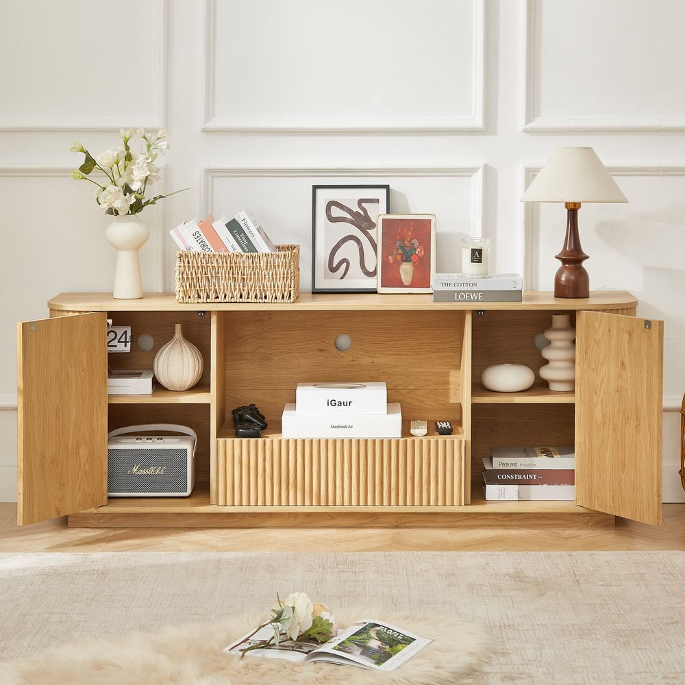 LUMAMIN Modern Wavy TV Stand for TVs up to 75 Inch, Natural Wooden ...