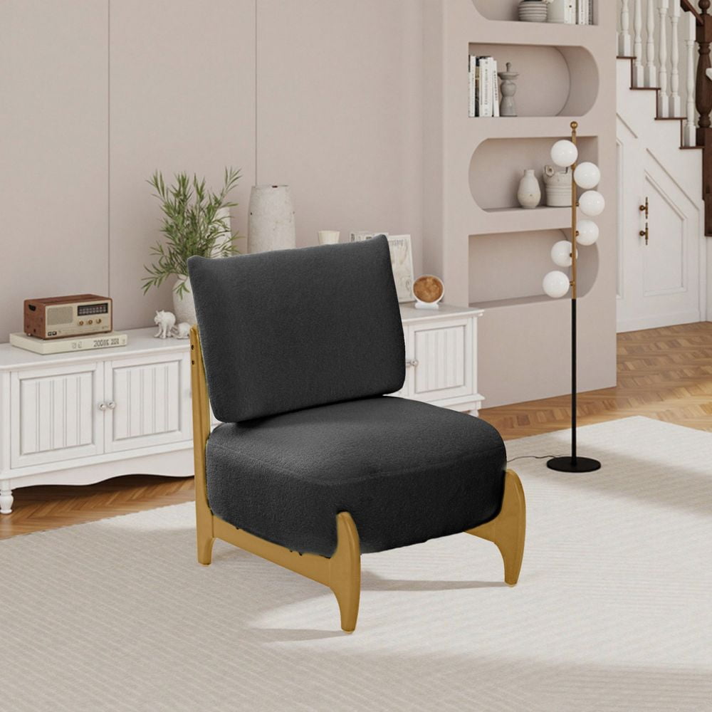 LUMAMIN Solid Wood Accent Chair, Upholstered Teddy Fleece Fabric ...