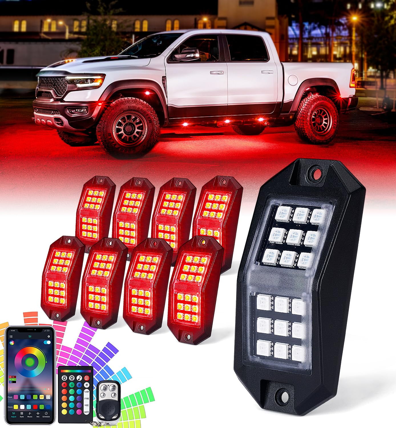 LUMENIX RGB LED Rock SSF20 Lights Kit Bluetooth Wheel Well Footwell Underglow Neon Light w ...