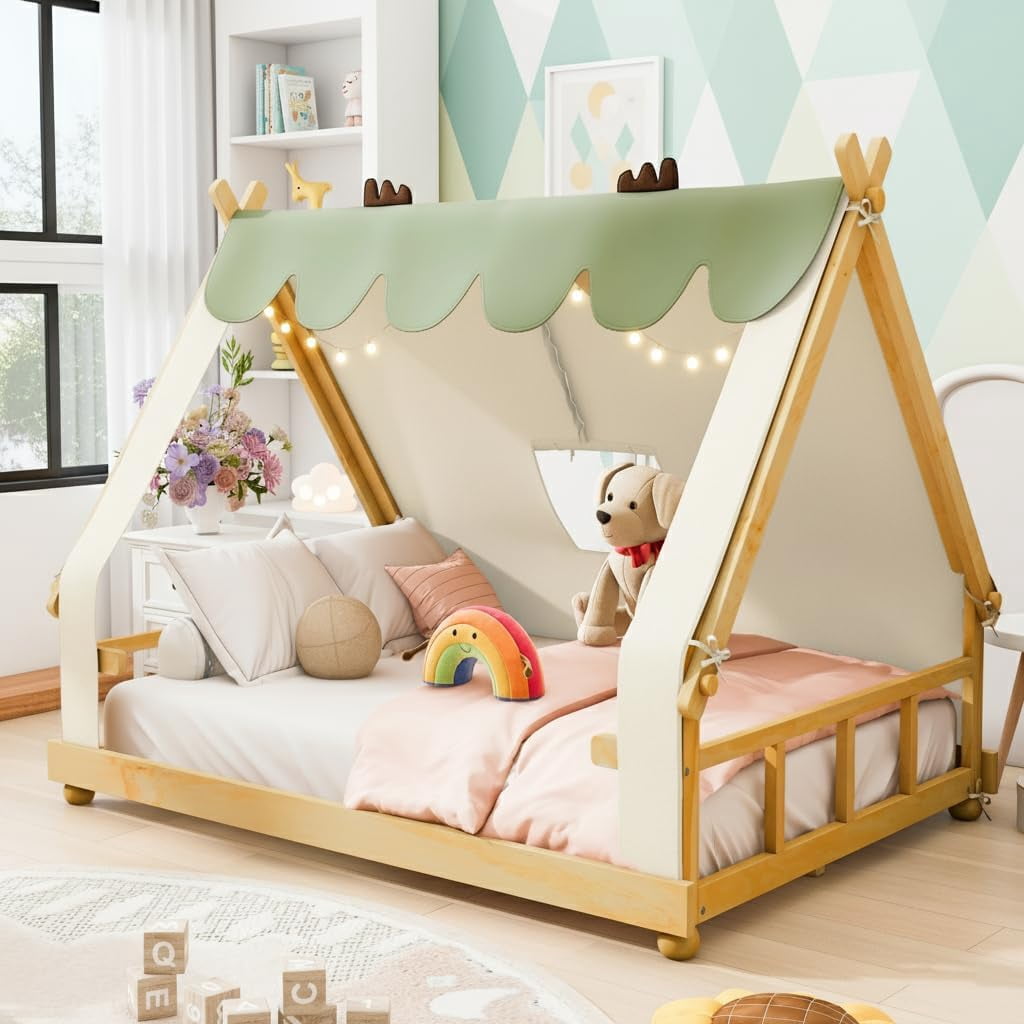 LUMISOL Full Size Floor Bed with Tent and Light, Cute Wood House Bed ...