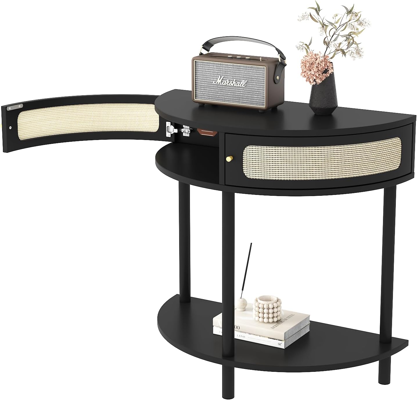 LUMISOL Half Moon Console Table with Rattan Door, Semicircle Sofa Side Table with 2 Rattan ...
