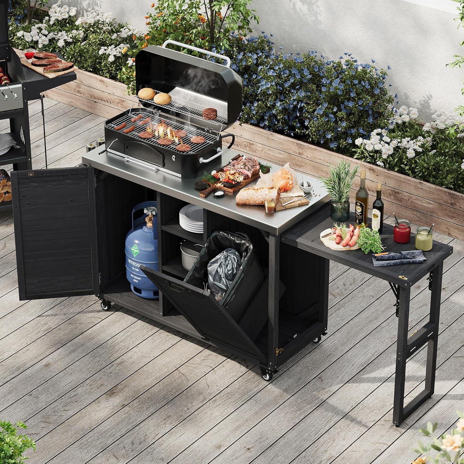 LUMISOL Outdoor Kitchen Island with Foldable Grill Table, Movable Prep ...