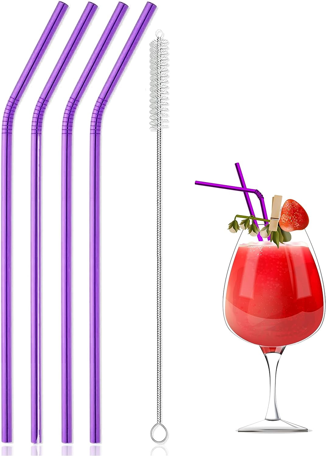 LUMOUS ROLA Metal Straws Set of 4 Reusable Stainless Steel Straws with ...