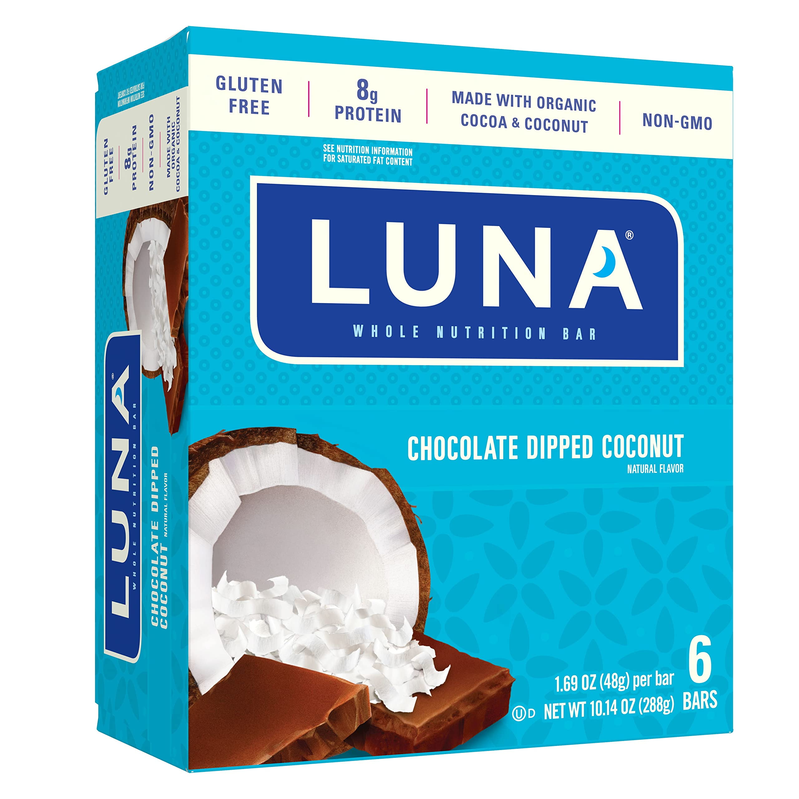 LUNA BAR - Gluten Free Snack Bars - Chocolate Dipped Coconut Flavor -8g ...