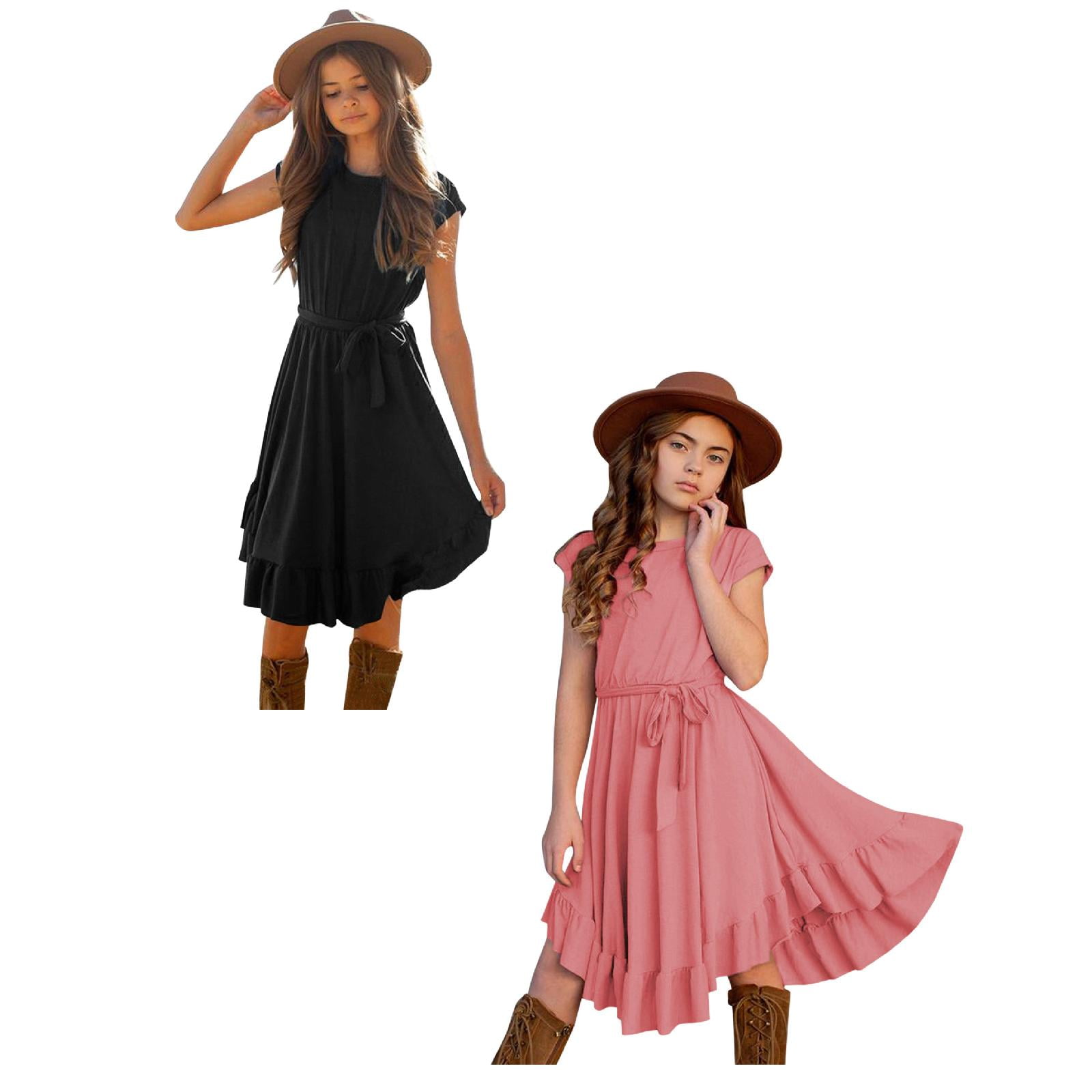 LUOGENLI 2 Pack Kids Little Girls Vintage Dress Solid Short Sleeve ...