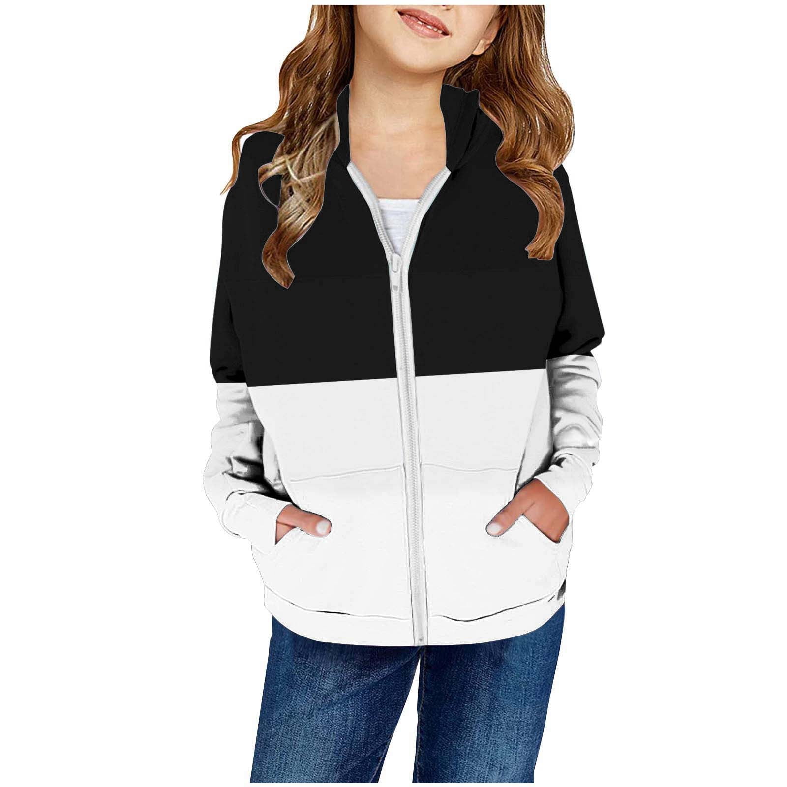 LUOGENLI Jacket for Girls 8-10 Girl's Autumn and Winter Color Block Print Patch Pocket Zipper ...