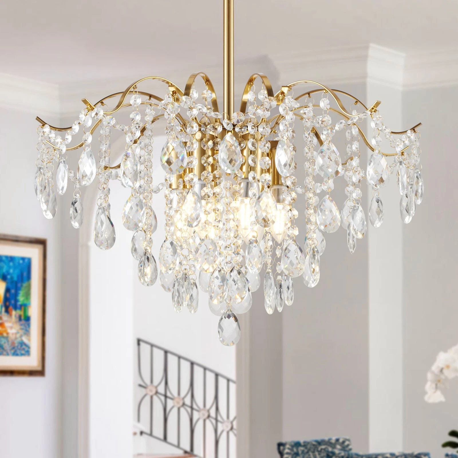 LUOLAX 20" Elegant Crystal Chandelier Rain Drop Pendant Fixture 6 ...