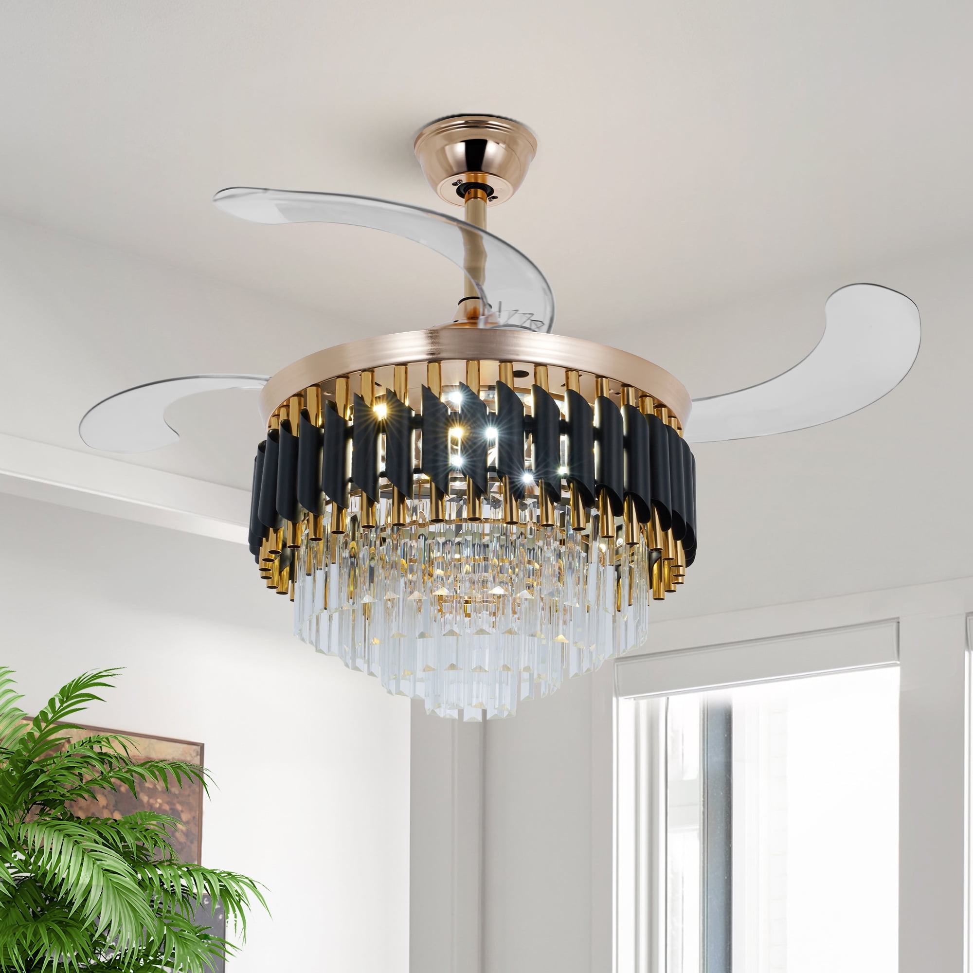 LUOLAX 42" Gold Crystal Ceiling Fan Chandelier with Remote - Invisible ...