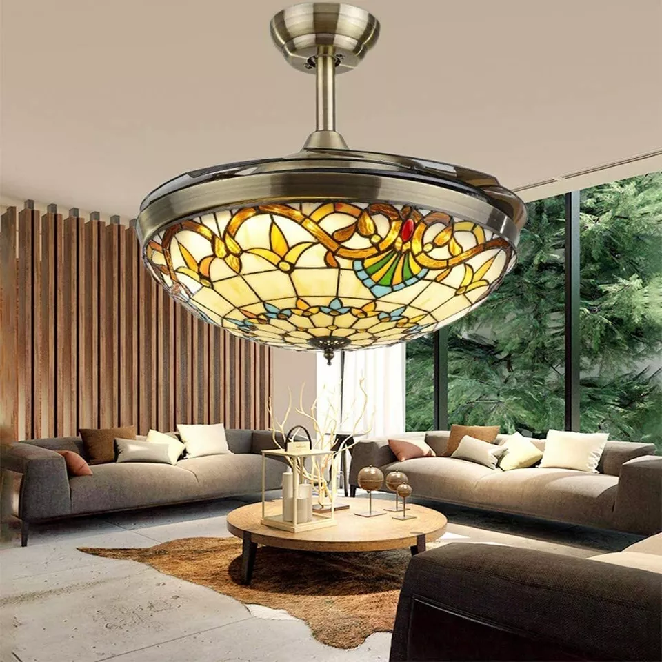 LUOLAX 42'' Invisible Ceiling Fan LED Light Retro Stained Glass LED ...