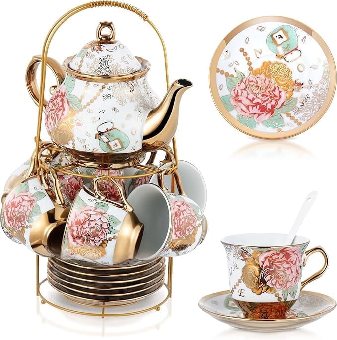 LUOLUO 20-Piece Ceramic Tea Cup Set for Adults with Metal Holders ...