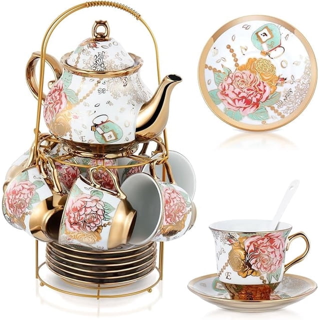 LUOLUO 20-Piece Ceramic Tea Cup Set for Adults with Metal Holders ...