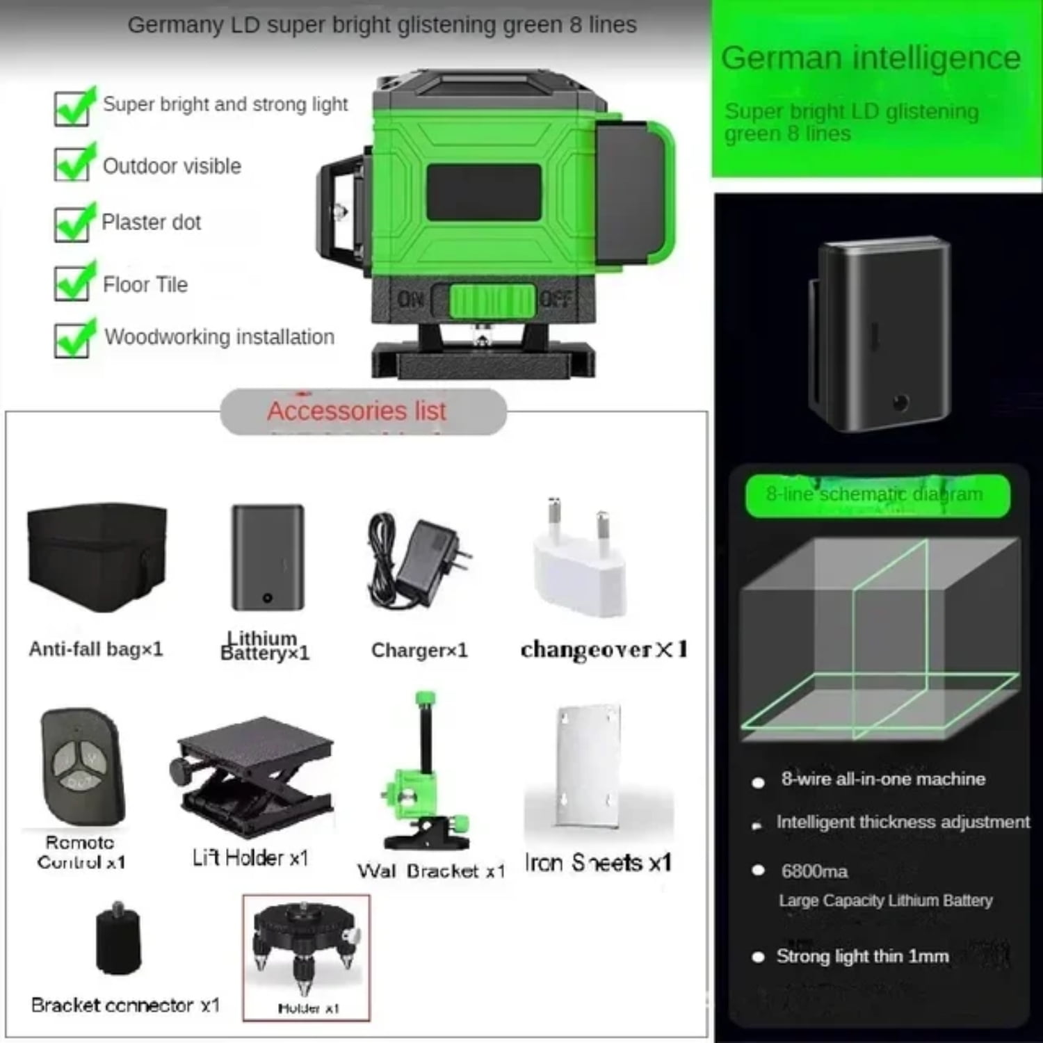LUOPLNG Accurate Battery-Powered Laser Level with 12/16 Lines - Highly ...