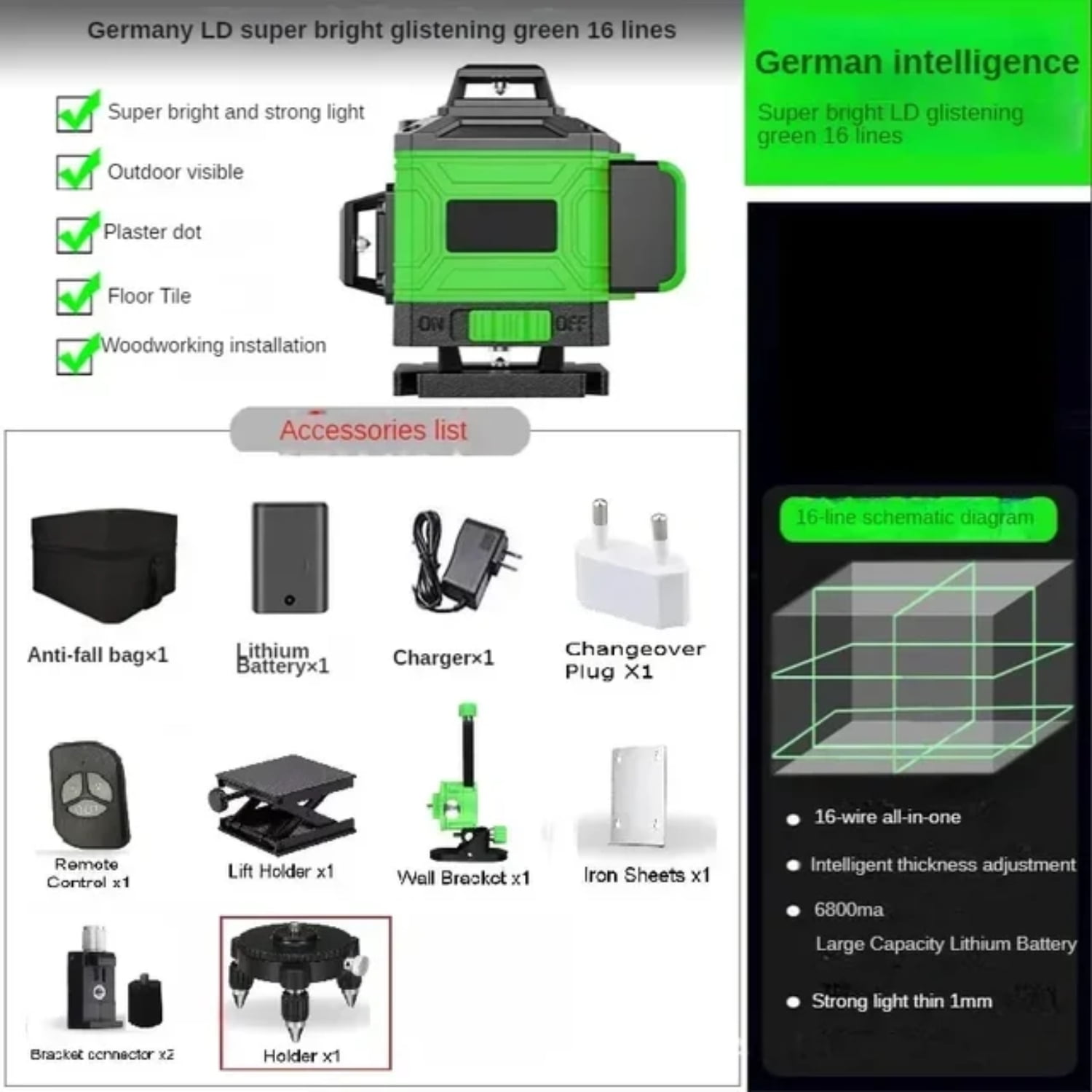 LUOPLNG Accurate Battery-Powered Laser Level with 12/16 Lines - Highly ...