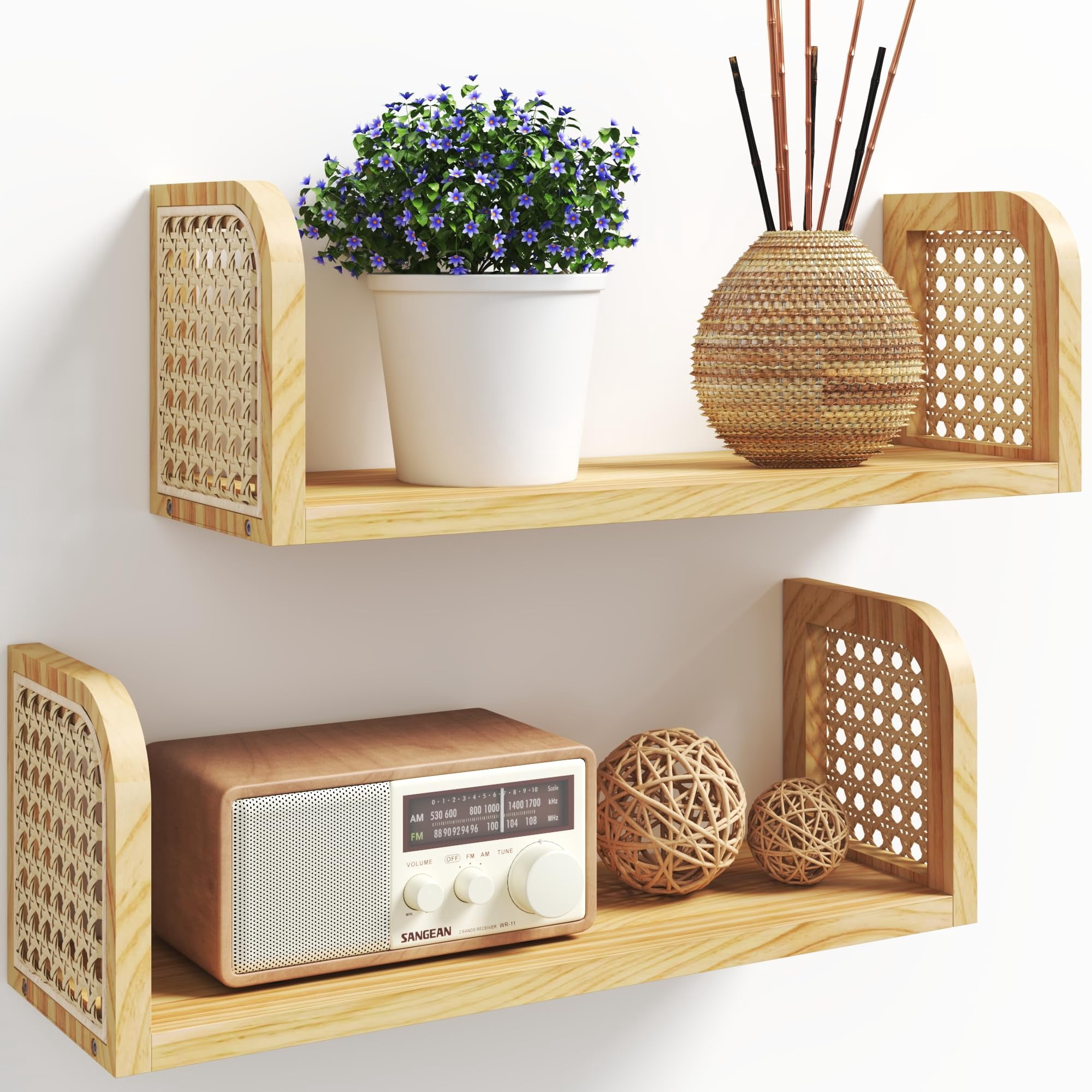LUPWNEKA Rattan Shelf Set of 2, Cute Nursery Shelves Wall Mounted ...