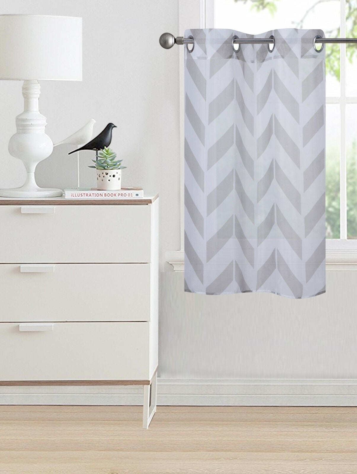 LUSCH DÉCOR 1PC C37 VALANCE CURTAIN SEMI SHEER CHEVRON ZIG ZAG GROMMET PANEL CHARCOAL /WHITE SEE ...