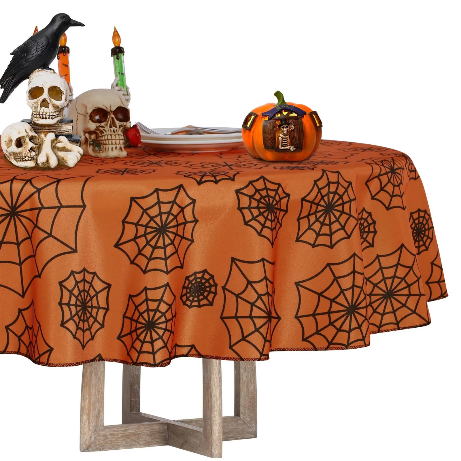 LUSHVIDA Spooky Halloween Tablecloth - 60 inch Round, Orange Spider Web ...