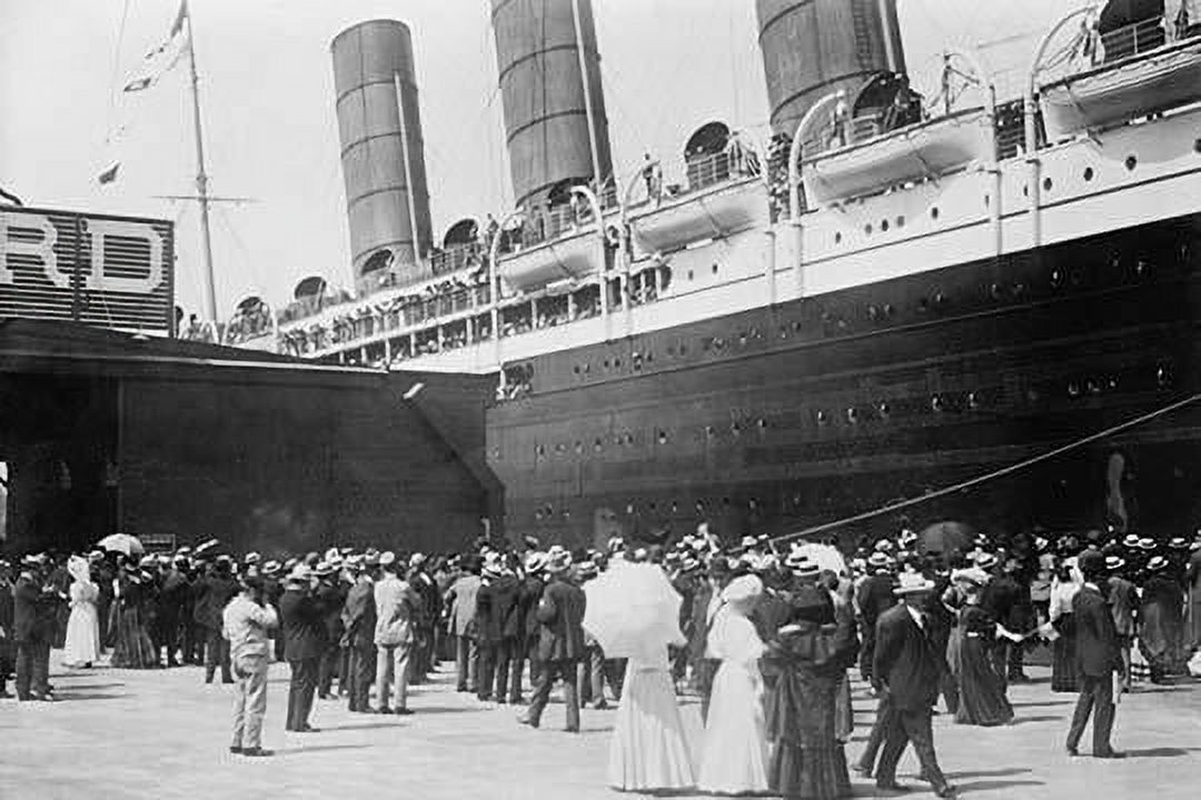 LUSITANIA - arriving in New York City; close-up of starboard side at ...
