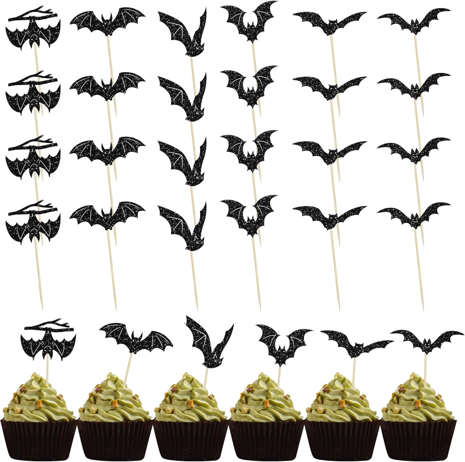 LUU-24 PCS Halloween Bat Cupcake Toppers,Black Glitter Bat Halloween ...