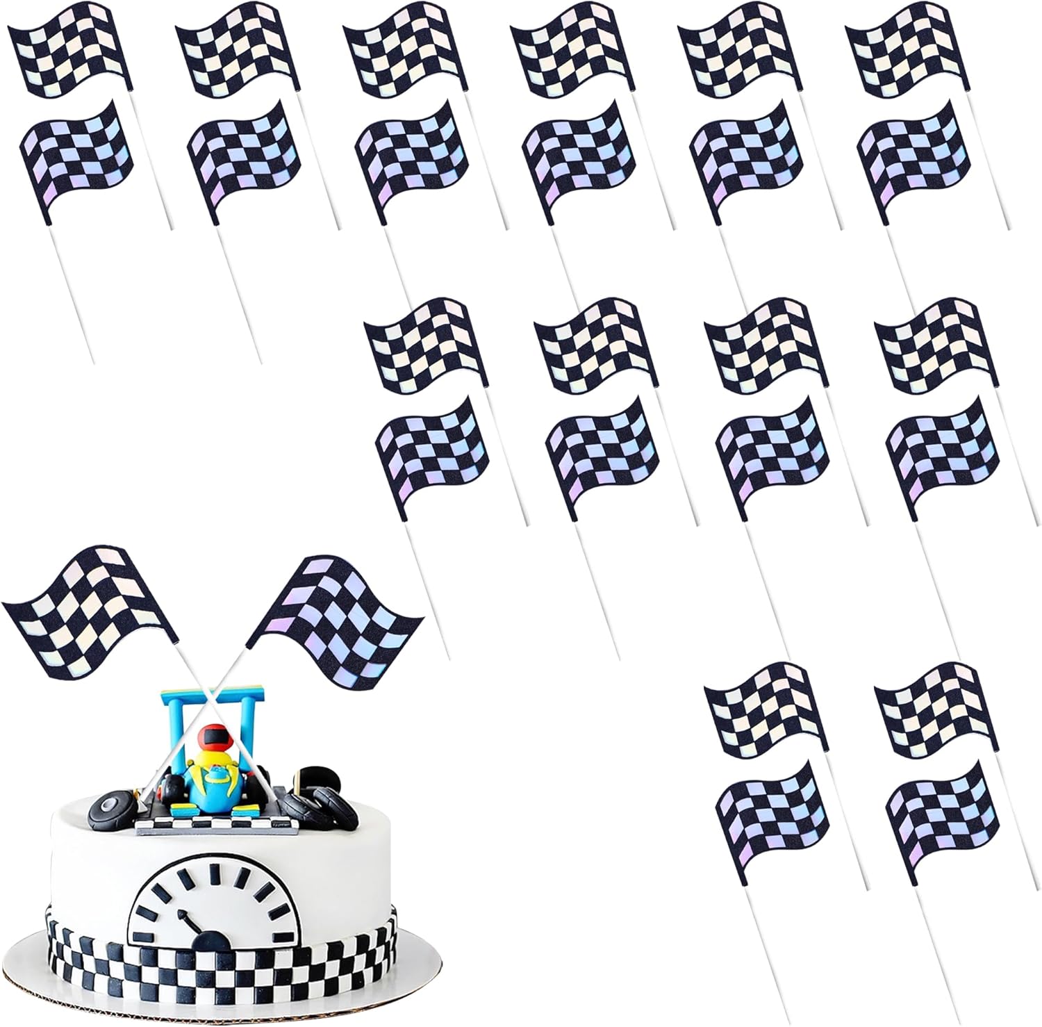 LUU-24Pcs Checkered Flag Cake Toppers,Glitter Race Car Cake Picks ...
