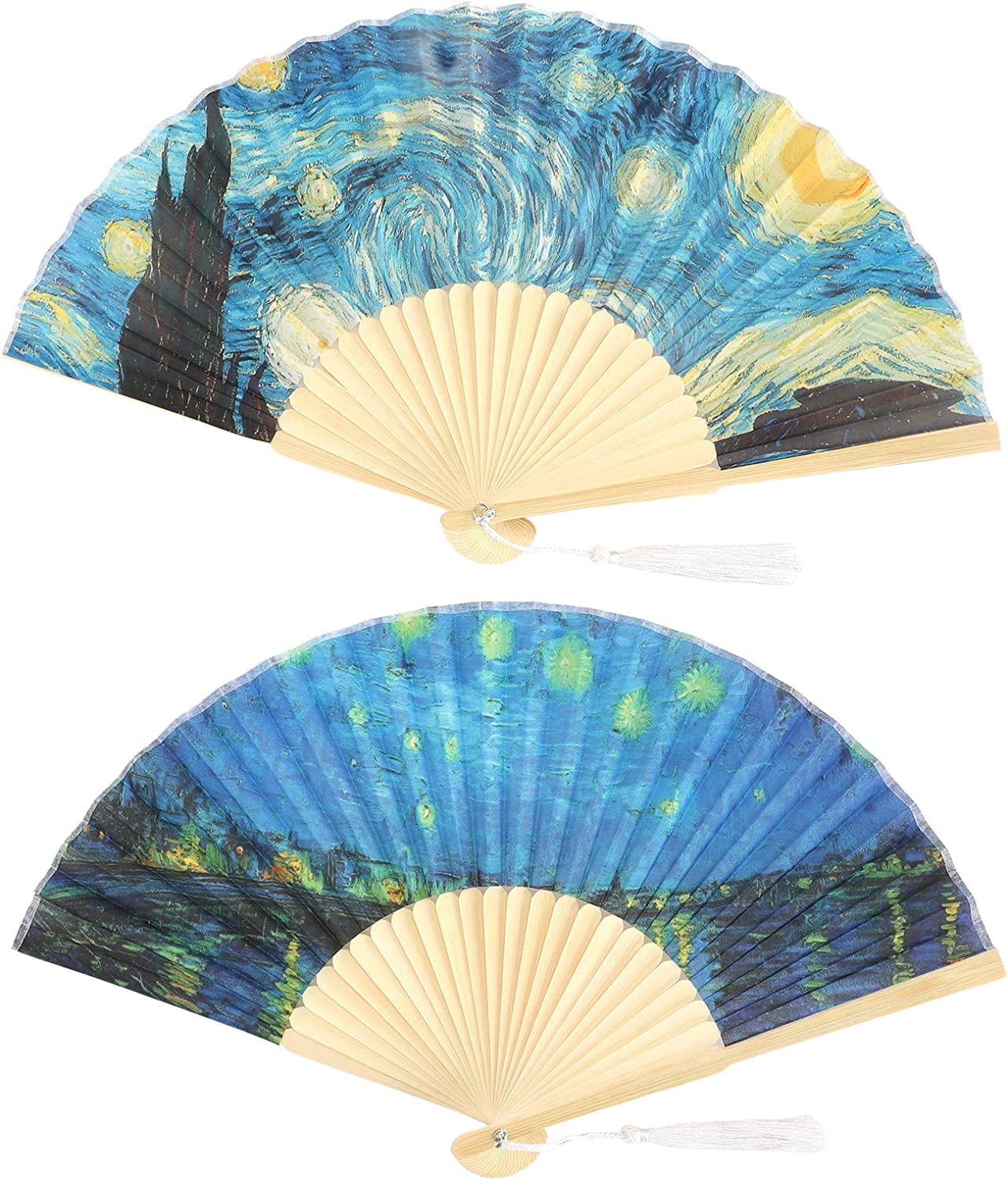 LUU-2pcs Folding Fan Hand Fans for Women, Silk Folding Fans with Bamboo ...