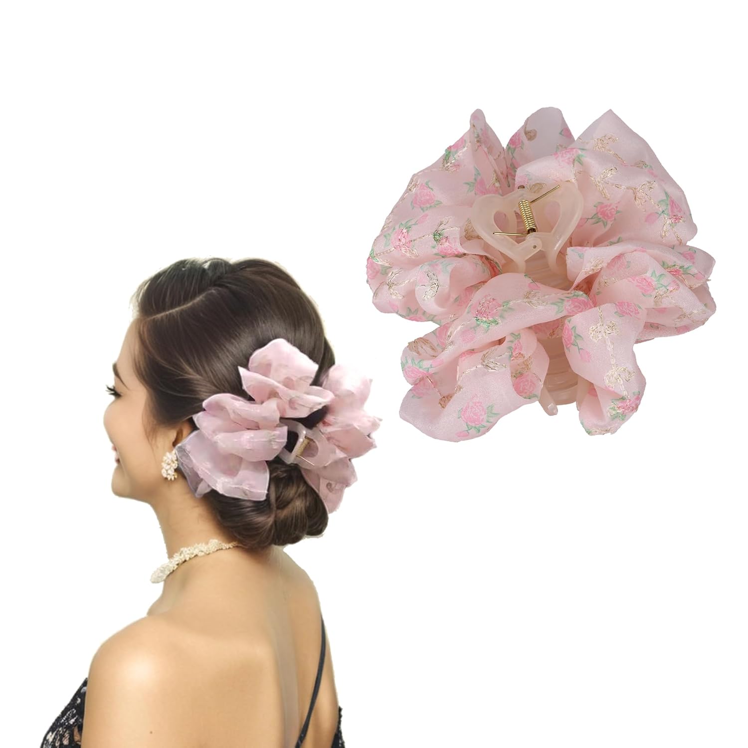 LUU-5'' Pink Chiffon Bow Hair Claw Clip with Flower Embroidery – Large ...