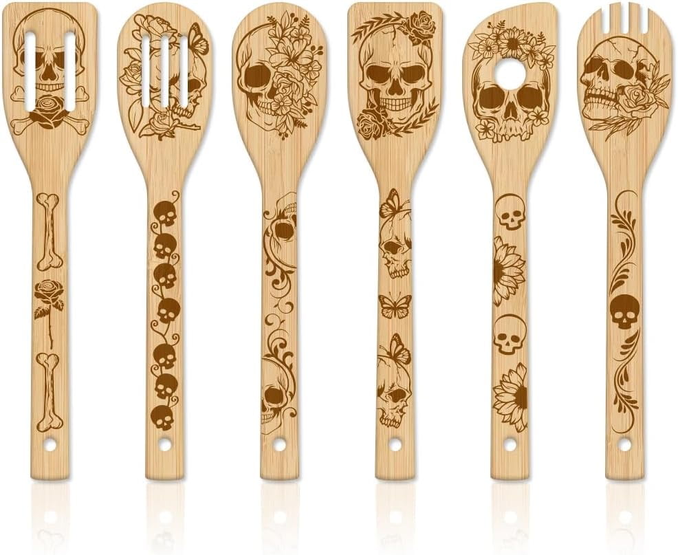 LUU-6Pcs Skeleton Bamboo Cooking Utensils Wooden Engraved Cooking ...