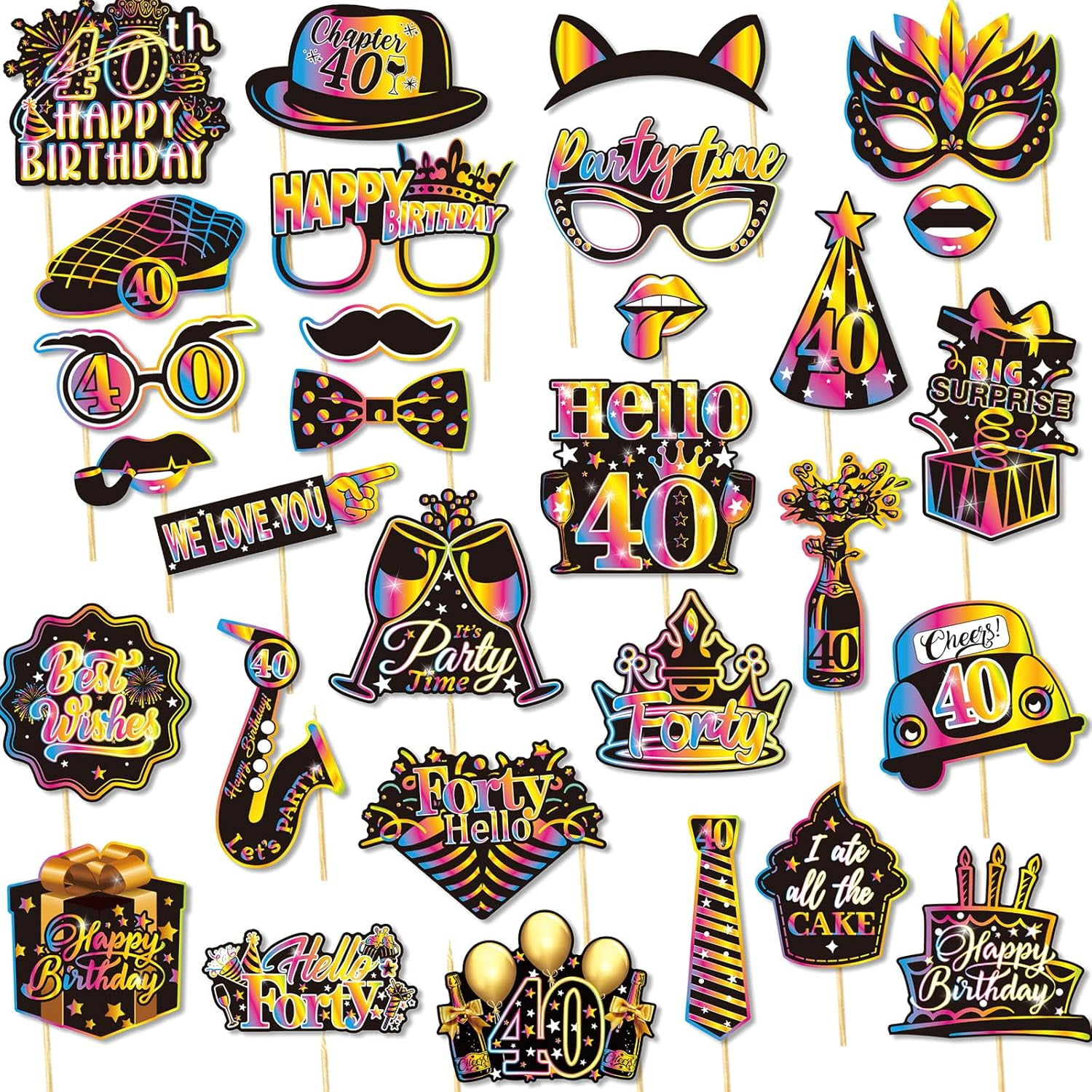 LUU-Birthday Photo Booth Props 30 Pcs 40th Birthday Celebrations Party ...