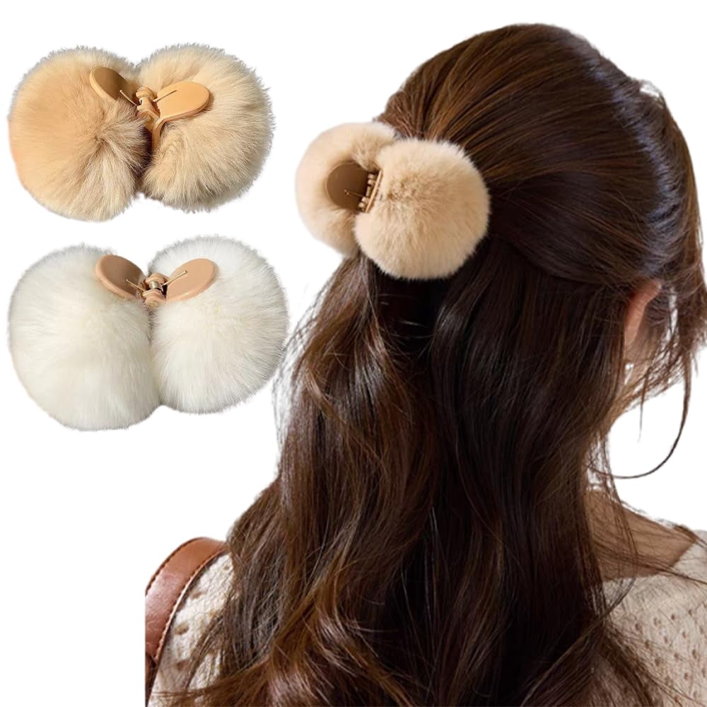 LUU-Fuzzy Spherical Hair Claw Clips,Cute Small Rabbit Fur Claw Clip for ...