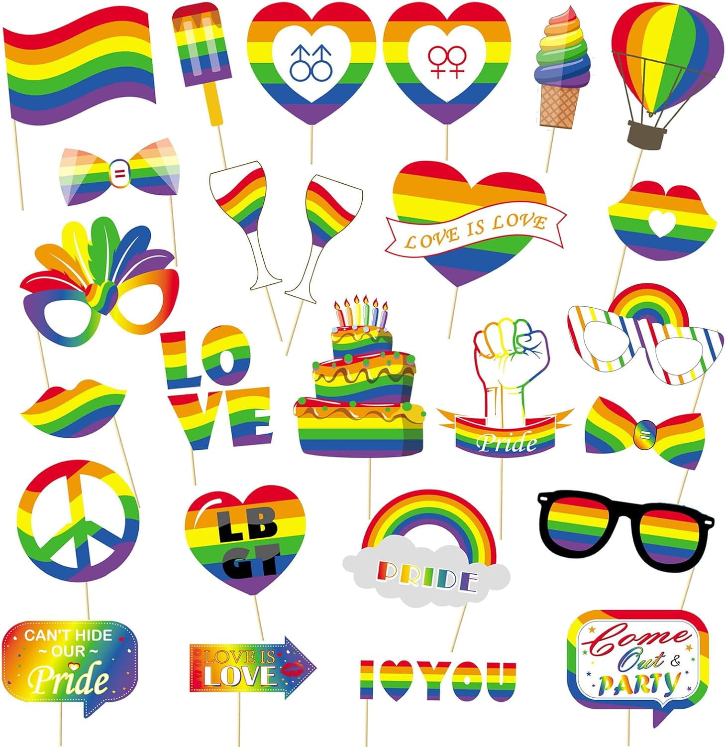 LUU-Pride Rainbow Photo Booth Props 26 Pcs DIY Craft Gay Pride Day Love ...