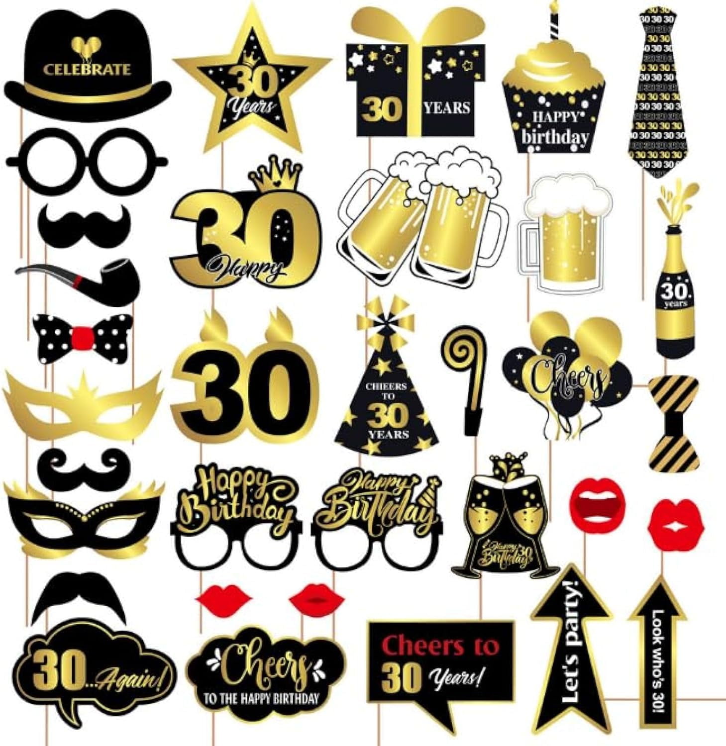 LUU-Veewon 34pcs Black Gold 30th Birthday Party Photo Booth Props and ...