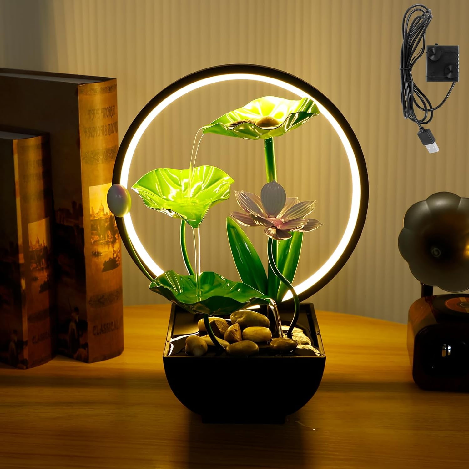 LUU-Water Lily Tabletop Fountain with Natural Stone USB Charging Desk ...