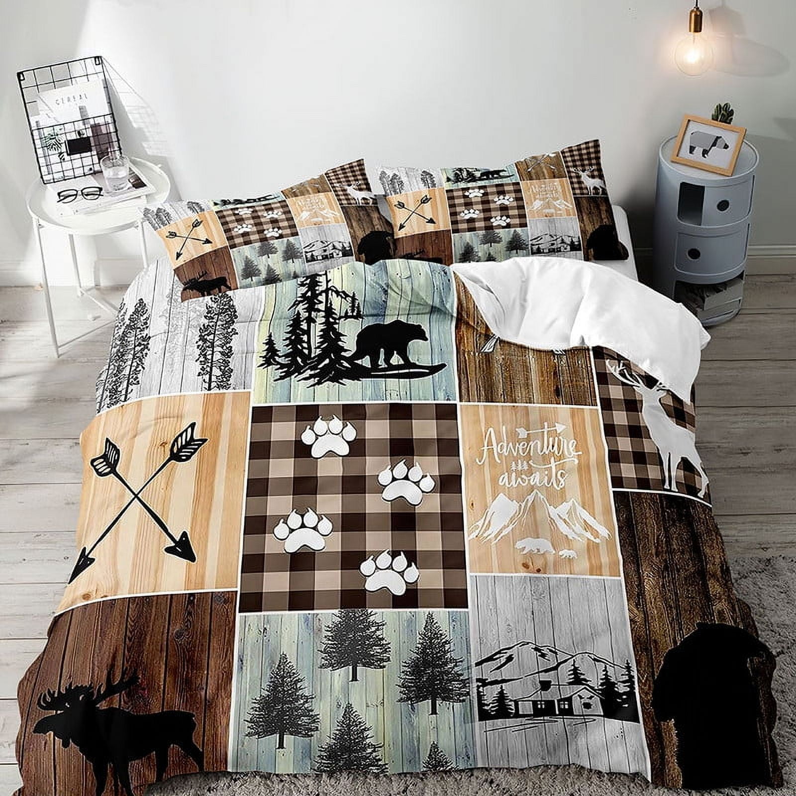 LUVIVIHOME 2PCS Black Bear Moose Elk Deer Duvet Cover Twin Bedding Sets, Brown Buffalo Plaid ...