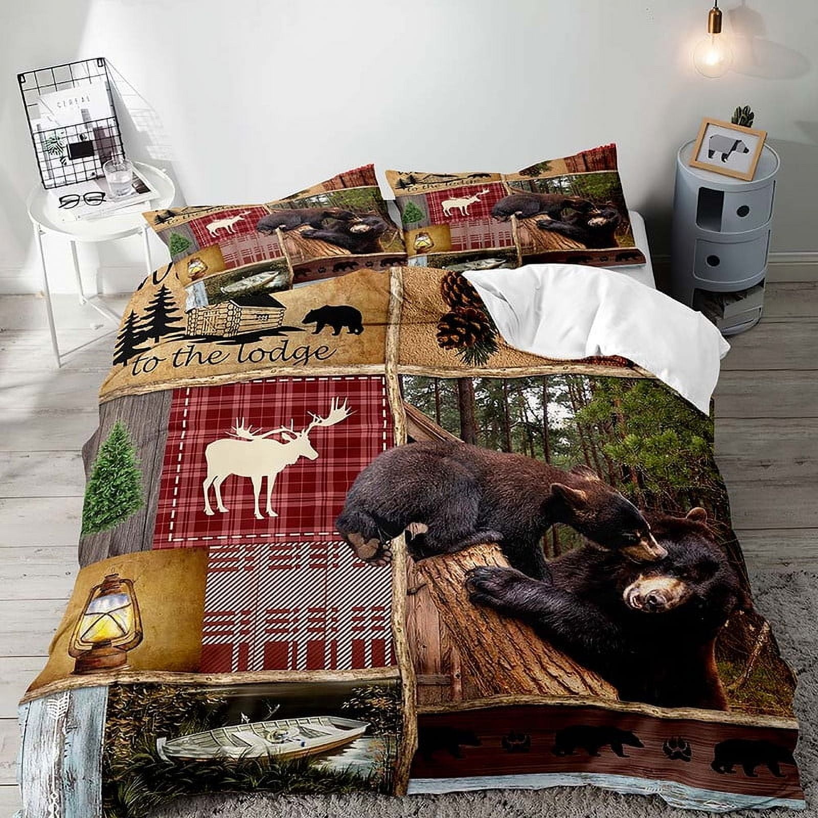 LUVIVIHOME 3PCS Black Bear Duvet Cover Queen Bedding Sets, Rustic Cabin Lodge Country Farmhouse ...