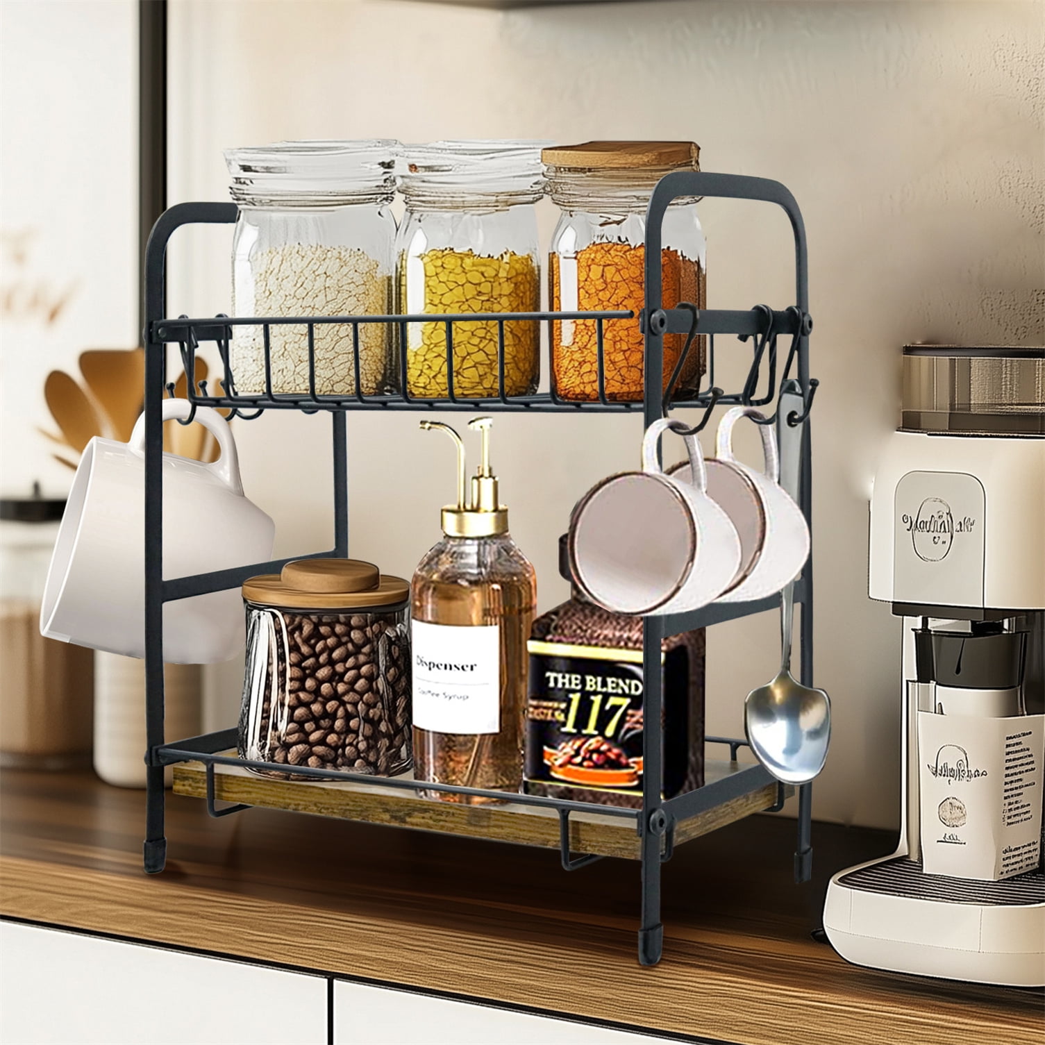 LUVODI 2 Tier Coffee Station Organizer for Counter Mug Tree Rack Cup Holder Stand with 12 Hooks ...