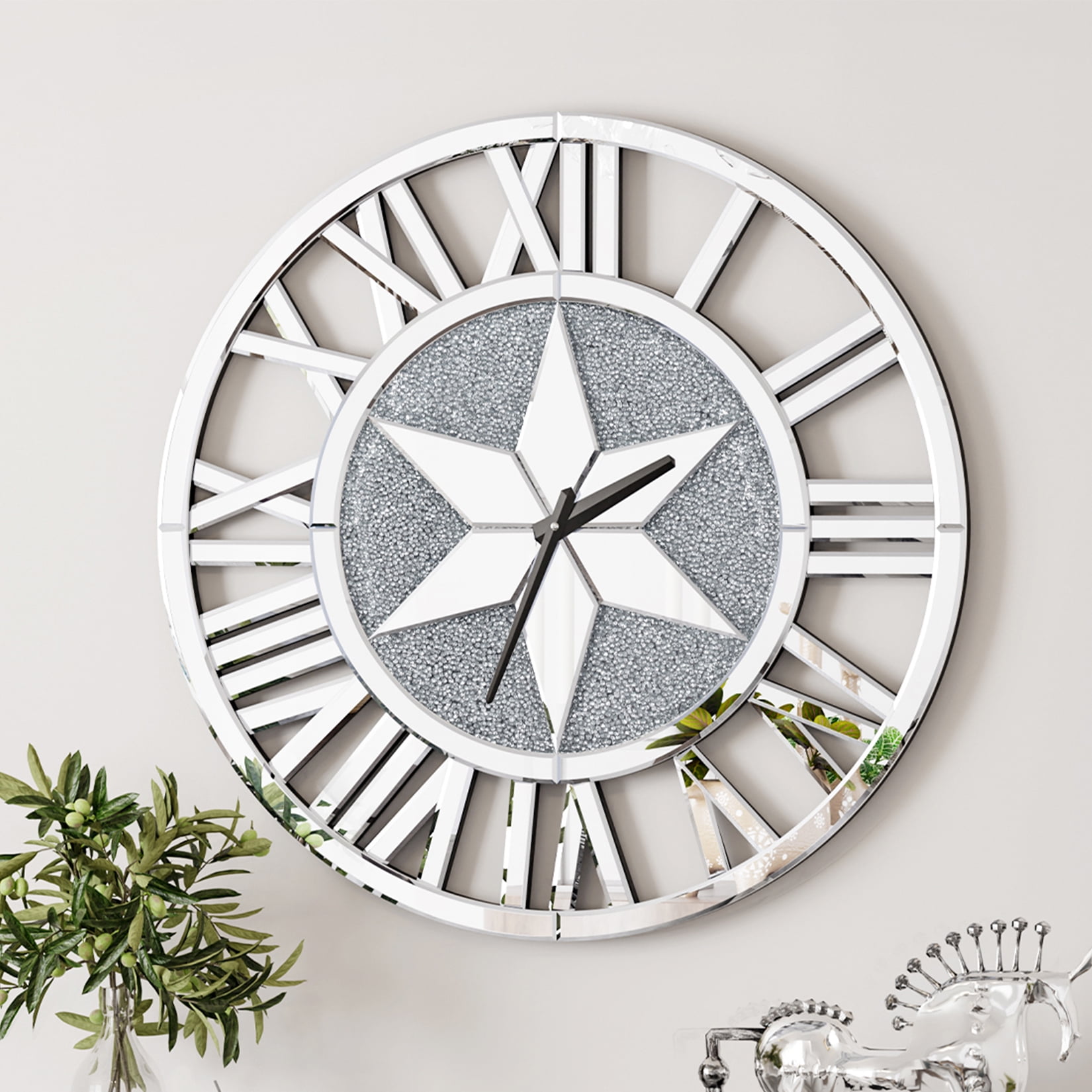LUVODI 23.6”Round Decorative Wall Clock Silver Glass Mirrors with Roman ...