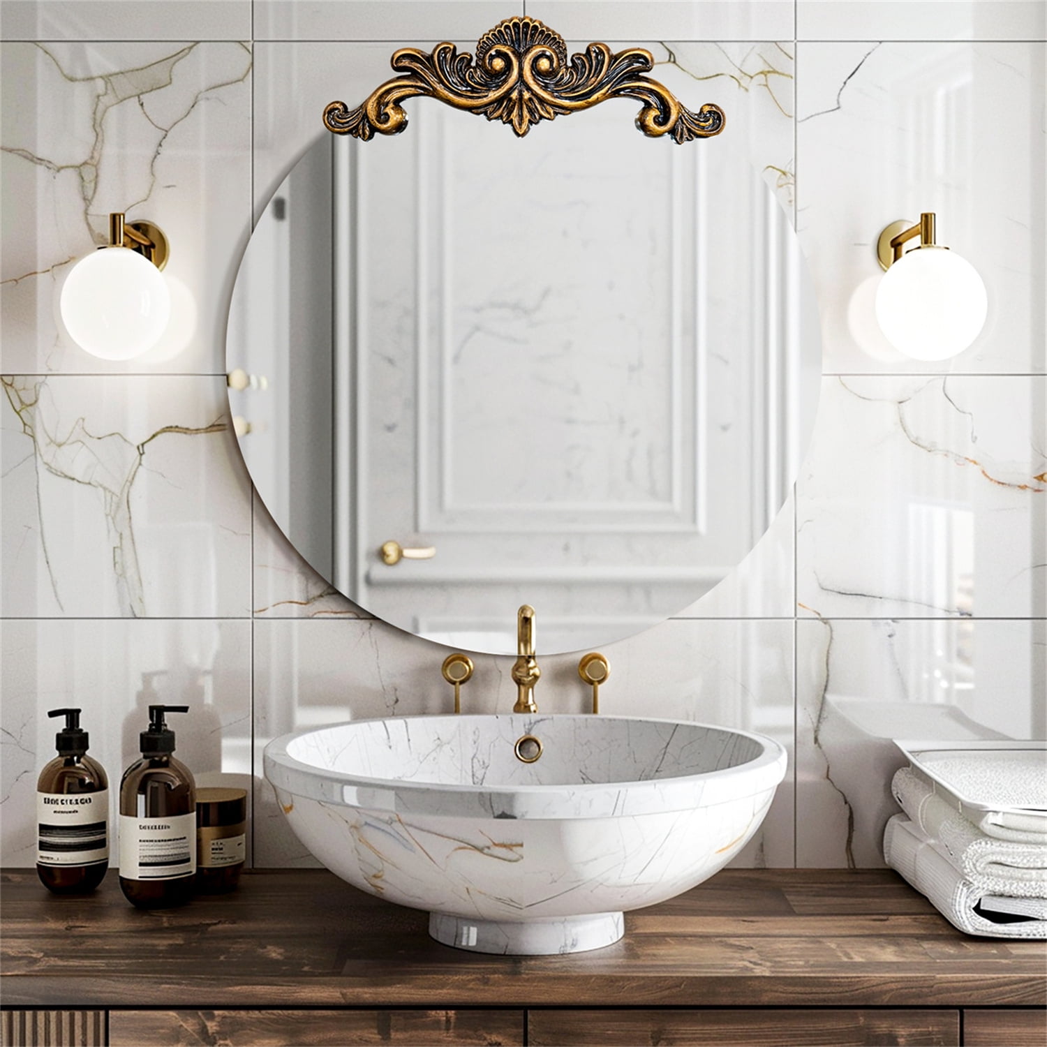 LUVODI 23.62x25.39 inch Baroque Antique Round Mirror Wall Decor ...